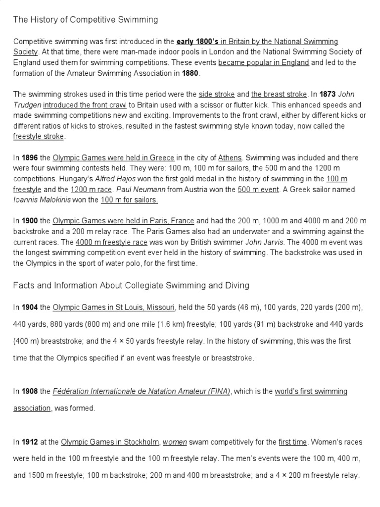 The History of Competitive Swimming | PDF | Swimming (Sport) | Summer ...