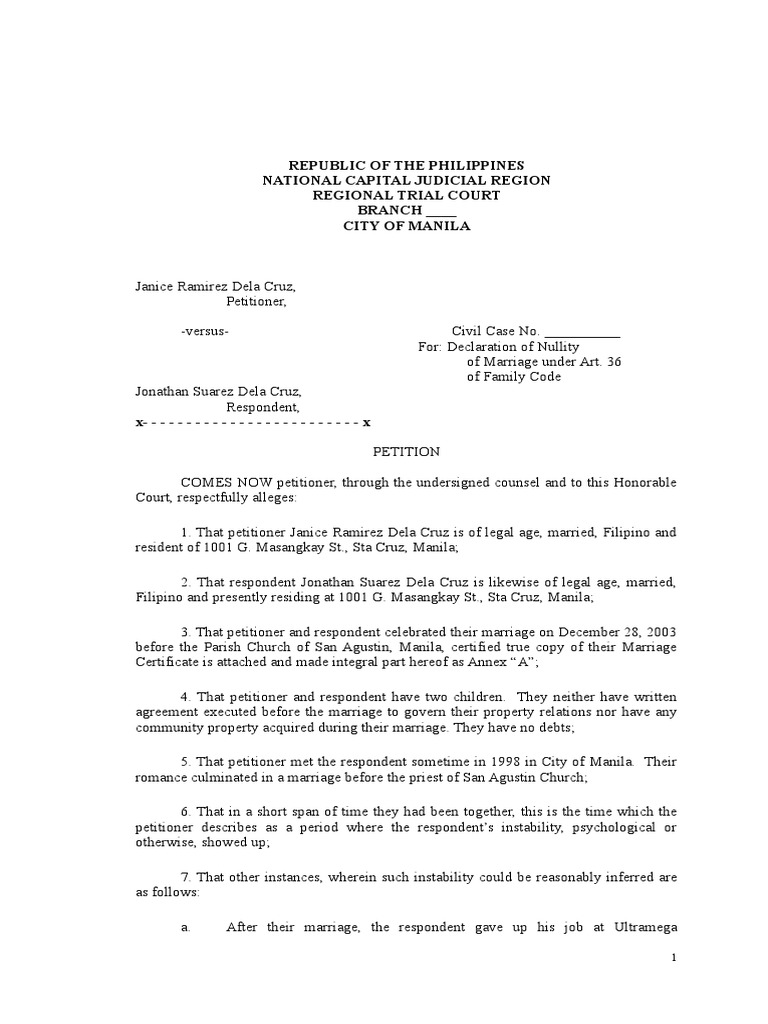 Petition For Annulment | PDF | Manila | Marriage