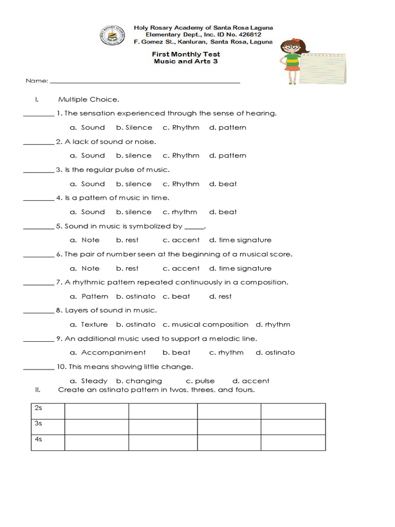 First Monthly Test - Music and Arts | PDF
