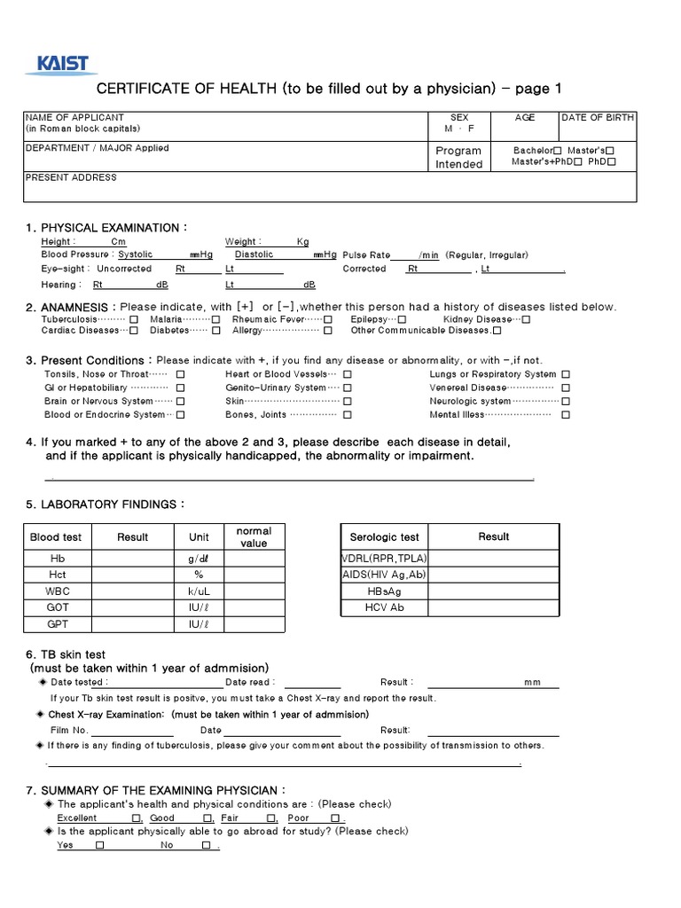 CERTIFICATE OF HEALTH (To Be Filled Out by A Physician) - Page 1 ...