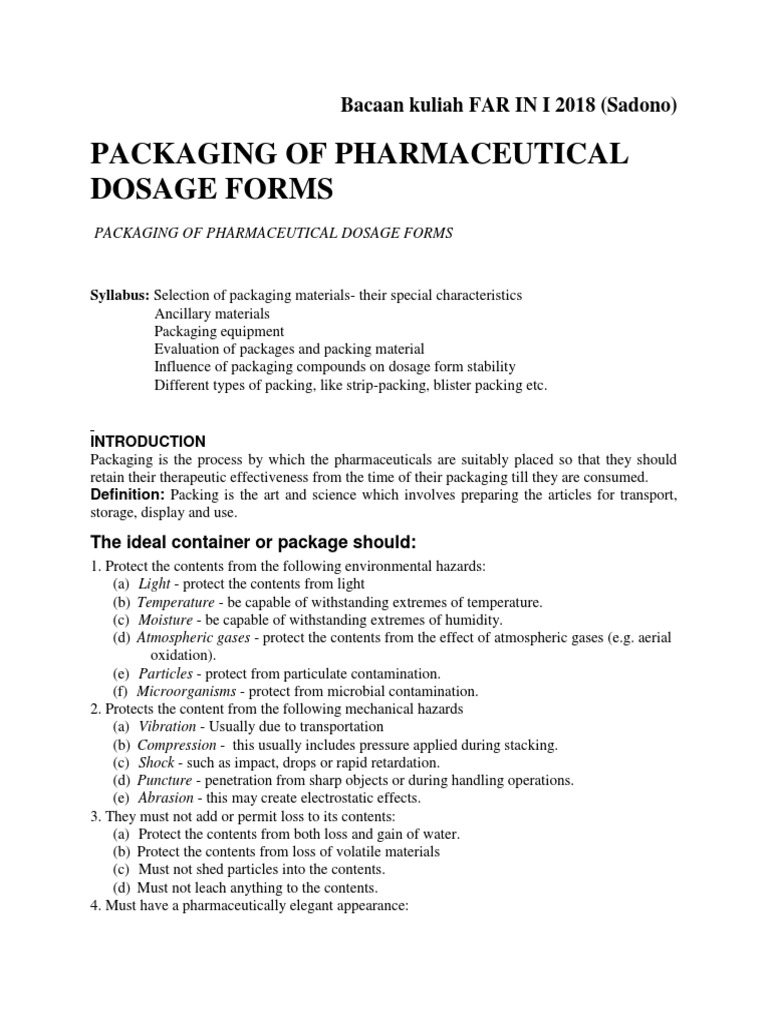 Specialty Dosage Form Packaging Essentials | PDF | Plastic | Glasses