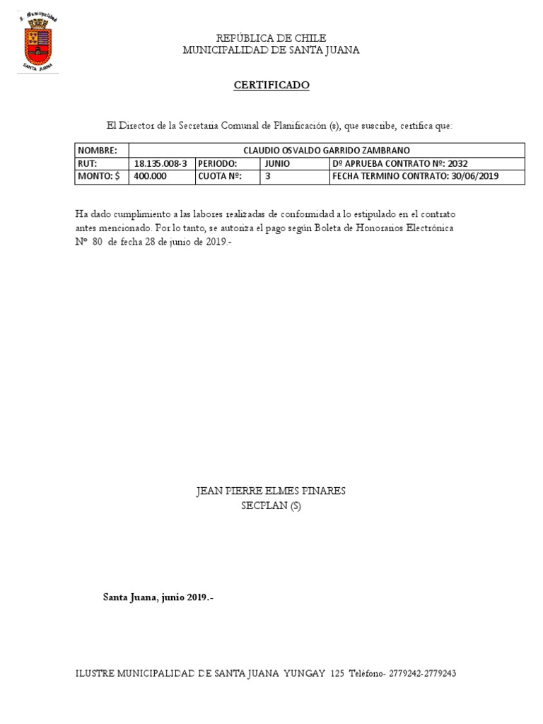 Certificado Honorarios Secplan | PDF