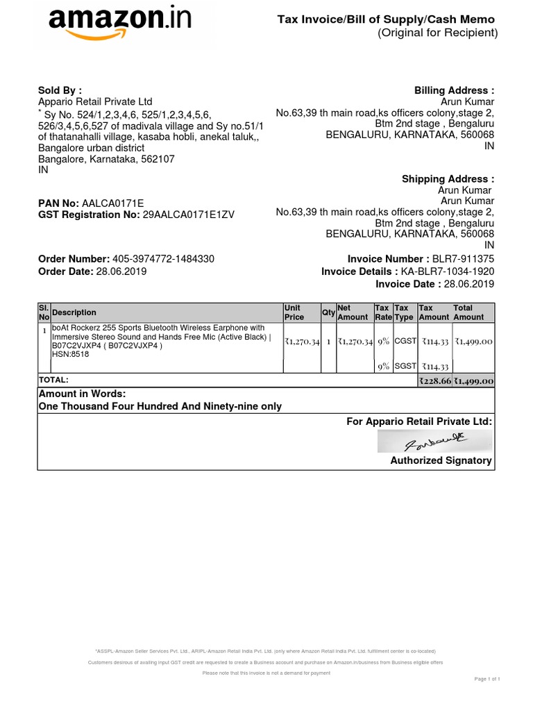 Purchase Details and Tax Invoice for boAt Rockerz 255 Sports Bluetooth ...