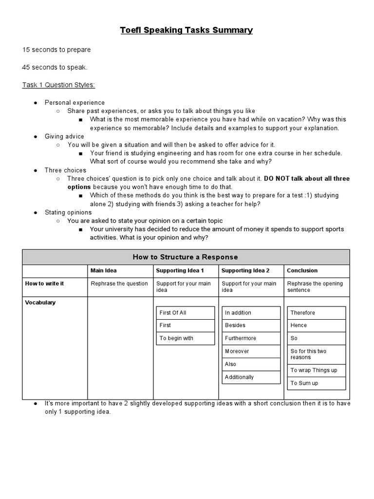 TOEFL Speaking Task Summary | PDF | Question | Reason