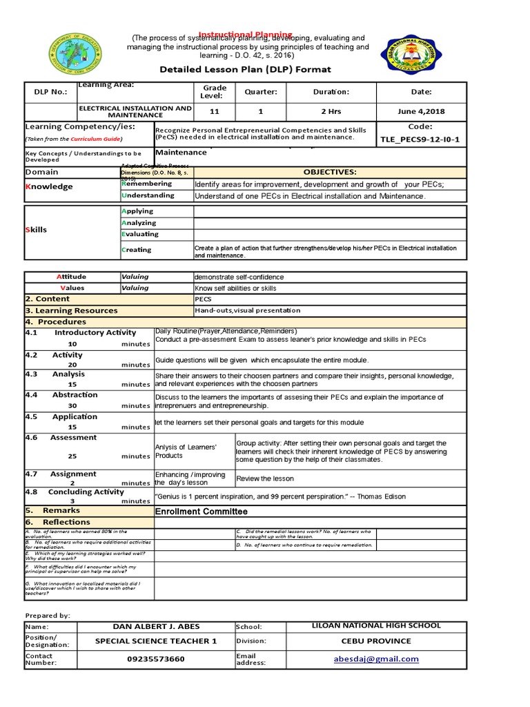 Detailed Lesson Plan (DLP) Format: Learning Competency/ies: Code | PDF ...