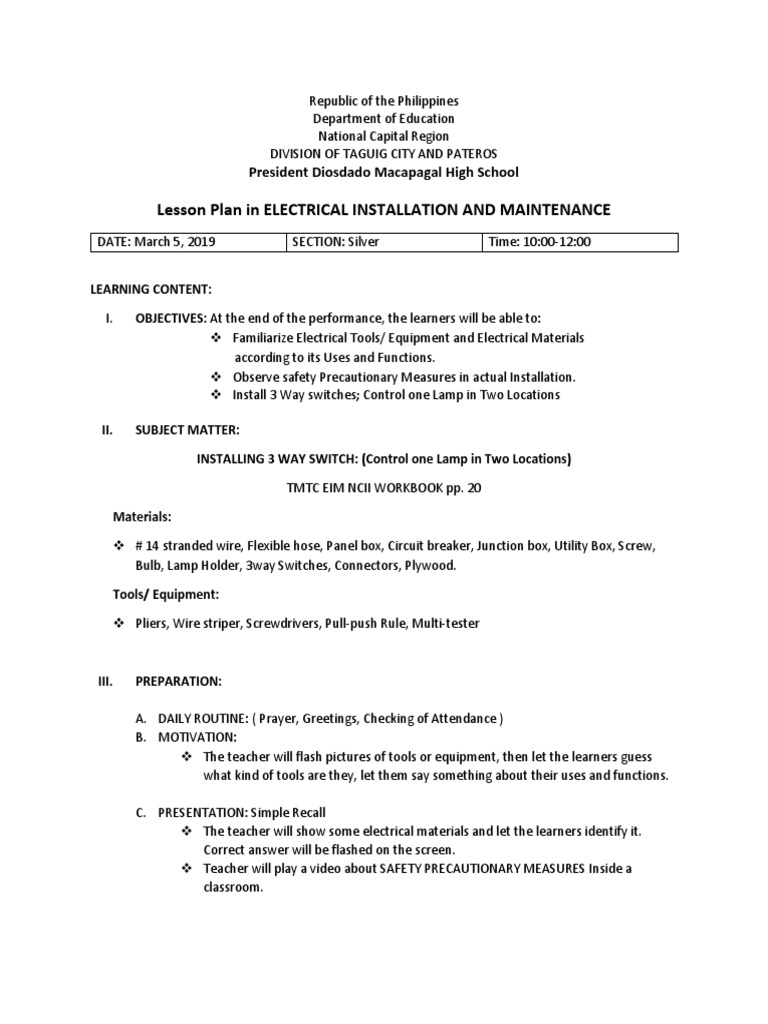 Lesson Plan in Electrical Installation and Maintenance: President ...