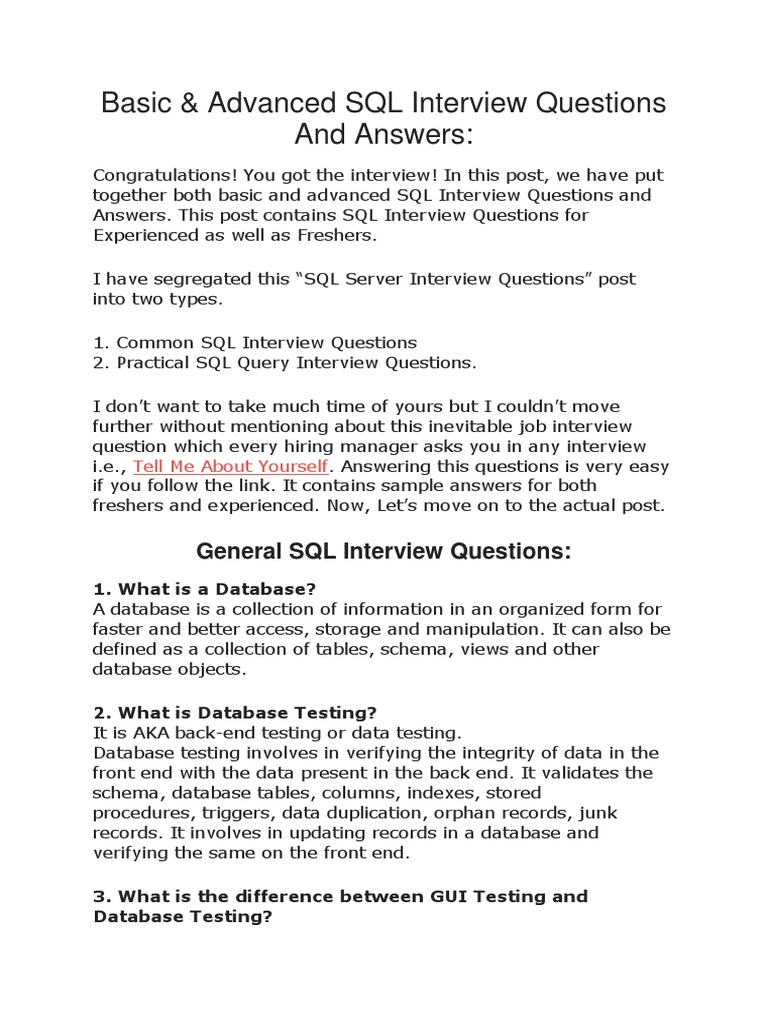 Basic And Advanced Sql Interview Questions And Answers Pdf Relational Database Databases