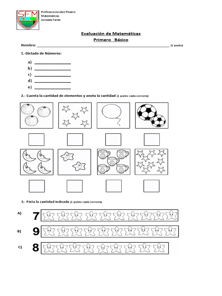 Prueba de Matematica Primero Basico | PDF