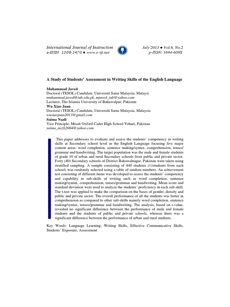 A Study of Students Assessment in Writin PDF | PDF | P Value | Language ...