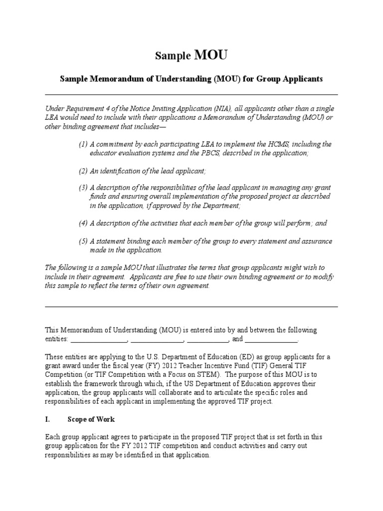 Sample: Sample Memorandum of Understanding (MOU) For Group Applicants ...
