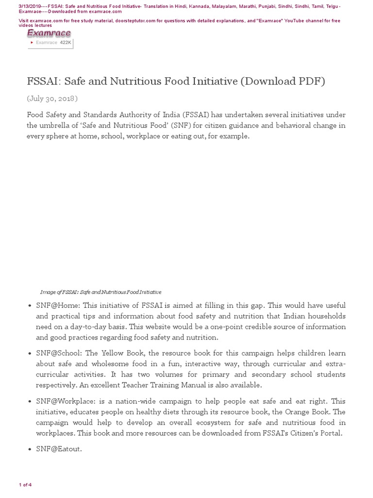 FSSAI: Safe and Nutritious Food Initiative (Download PDF) : Examrace ...