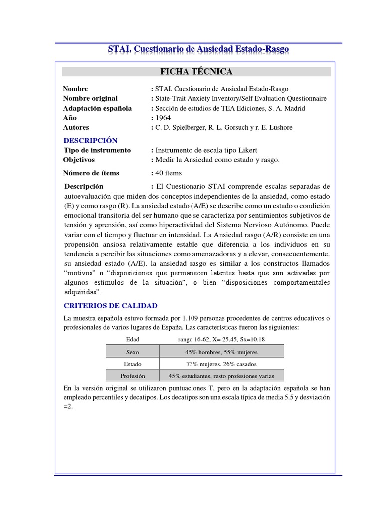 Ficha Técnica del Cuestionario STAI | PDF | Ansiedad | Sicología