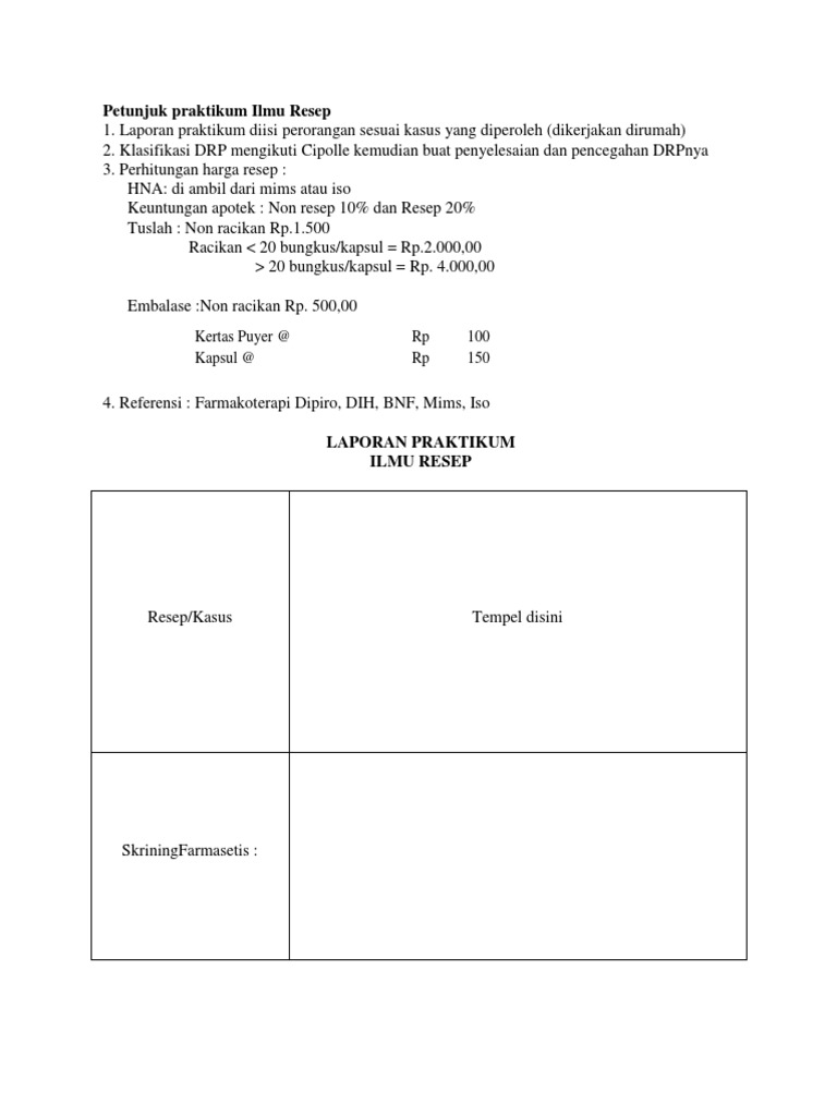 Petunjuk Praktikum Ilmu Resep: Kertas Puyer at RP 100 Kapsul at RP 150 ...