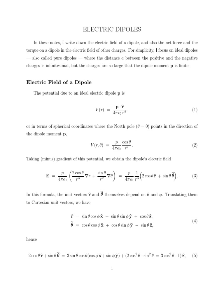 Electric Dipoles: Electric Field of A Dipole | PDF | Dipole | Torque