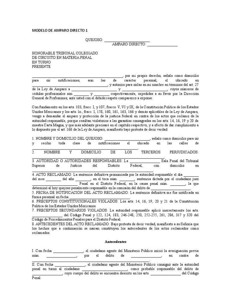 Modelo de Amparo Directo | PDF | Violación | Sentencia (ley) Modelo de Amparo Directo | PDF | Violación | Sentencia (ley)