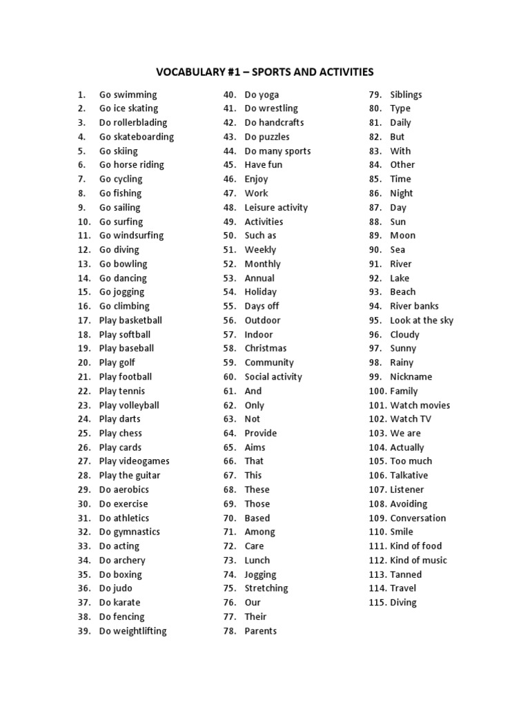 Vocabulary #1 - Activities and Sports | PDF | Sports | Recreation