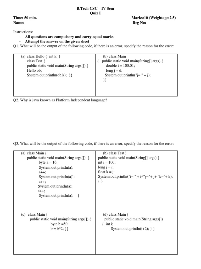 B.Tech CSC - IV Sem Quiz I Time: 50 Min. Marks:10 (Weightage:2.5) Name ...
