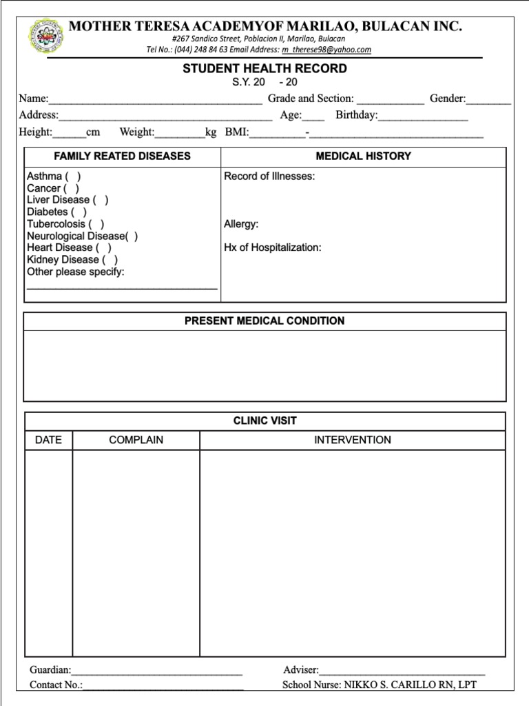 Mother Teresa Academyof Marilao, Bulacan Inc.: Student Health Record | PDF