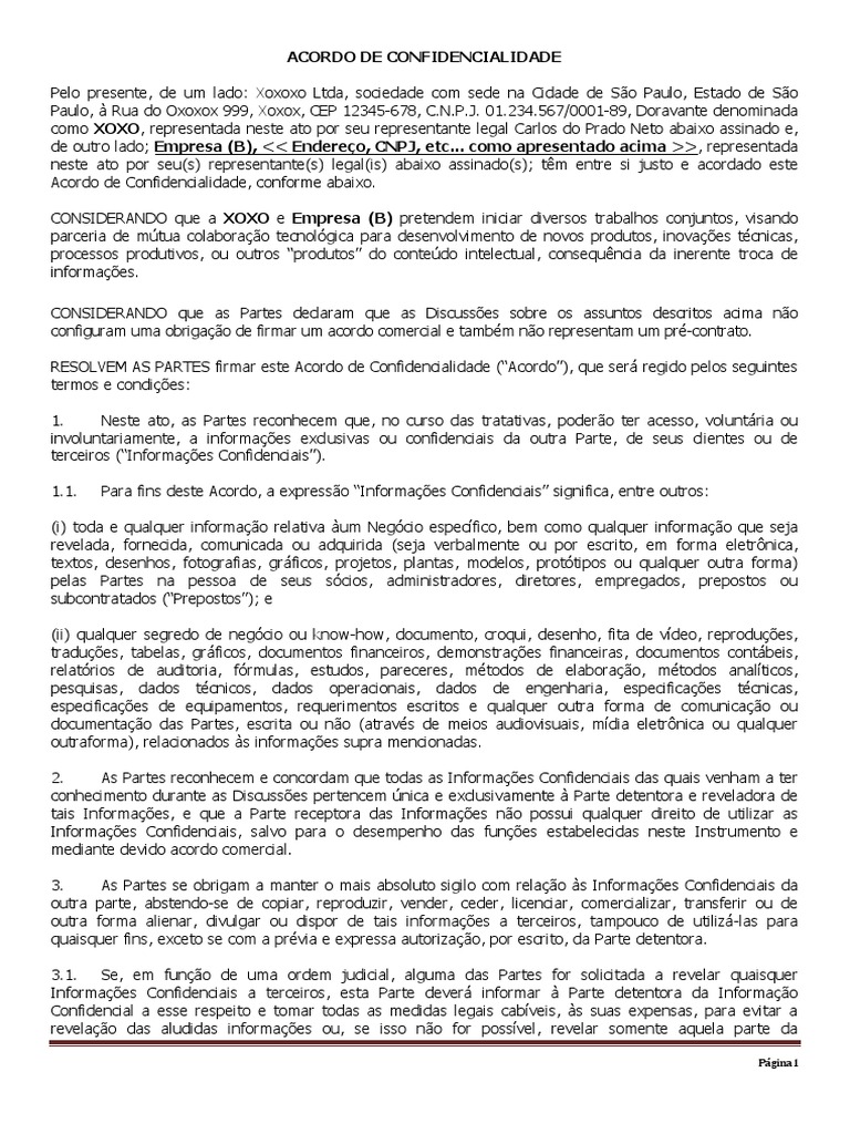 Acordo de Confidencialidade entre Empresas | PDF | Indenização | Informação