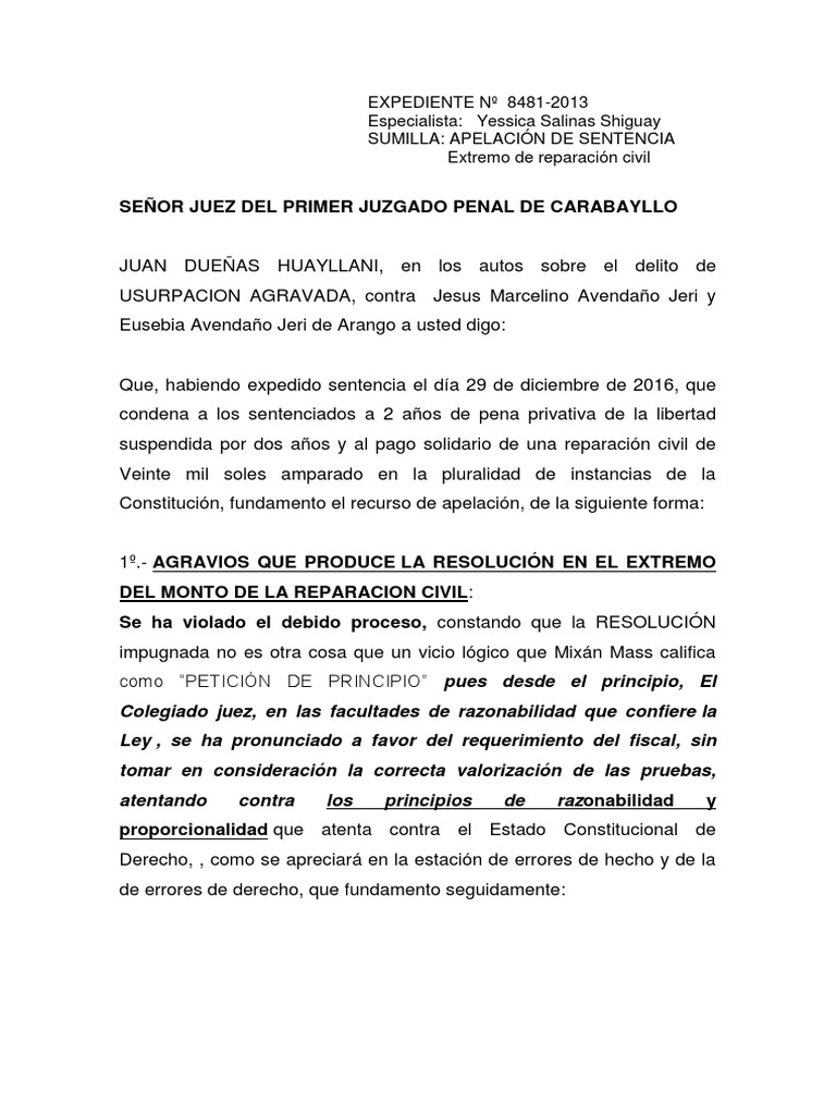 Apelacion Sentencia Reparacion Civil | Descargar gratis PDF | Debido al proceso | Sentencia (ley)