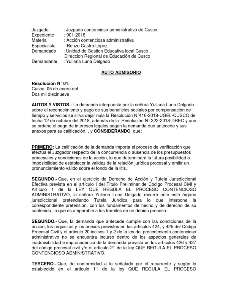 Auto Admisorio | Descargar gratis PDF | Ley procesal | Demanda judicial