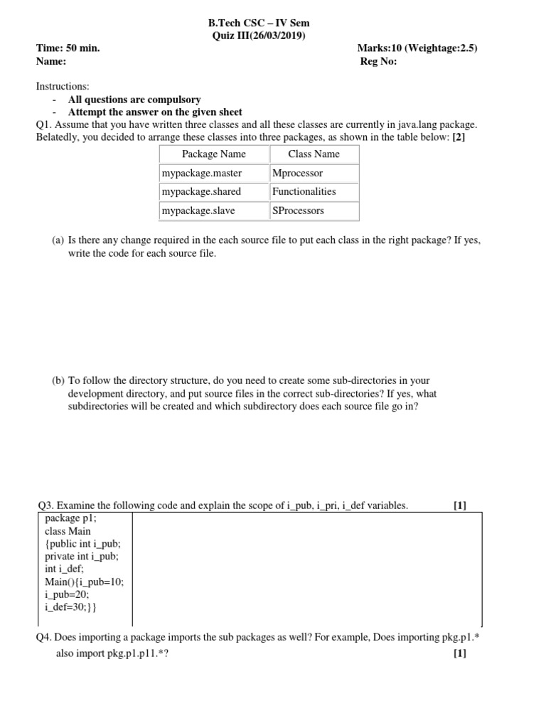 B.Tech CSC – IV Sem Quiz III(26/03/2019) on Packages, Classes ...