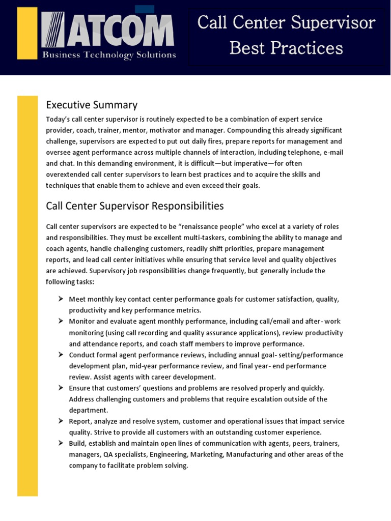 Call Center Supervisor Best Practices: Executive Summary | PDF | Call ...
