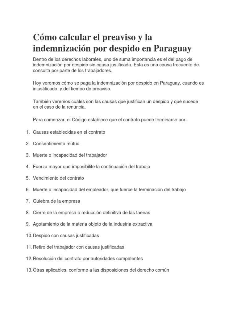 Cálculo de Preaviso e Indemnización en Paraguay | PDF | Salario | Daños ...