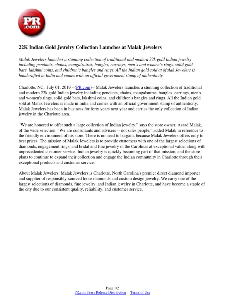 22K Indian Gold Jewelry Collection Launches at Malak Jewelers | PDF ...