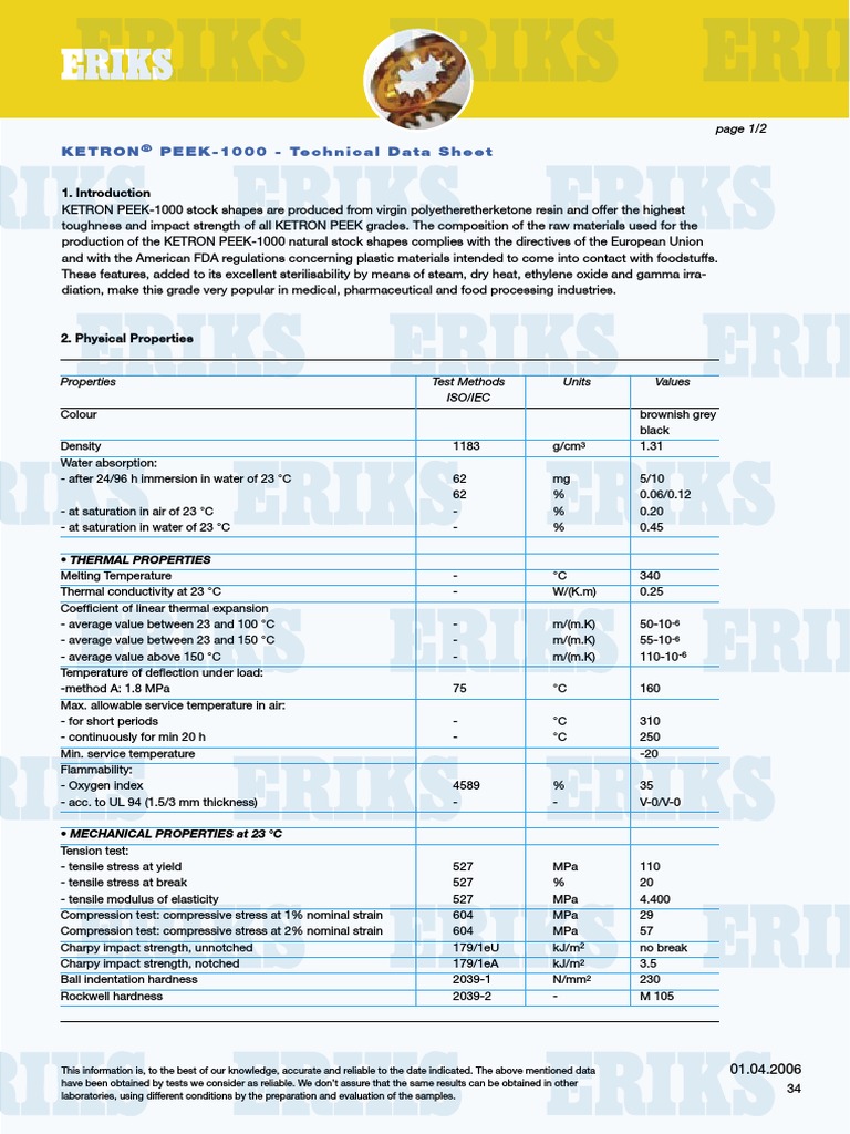 (Datasheet) Eriks - Ketron Peek-1000 | PDF | Strength Of Materials ...