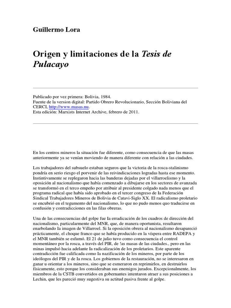 Guillermo Lora - Origen y Limitaciones de La Tesis de Pulacayo | PDF ...