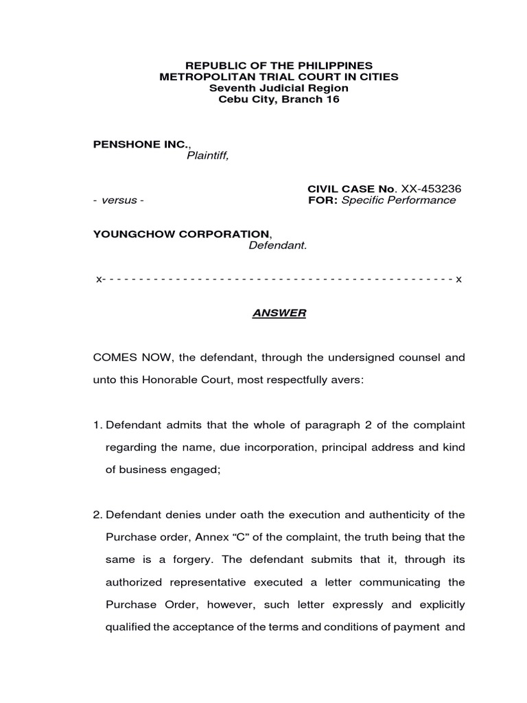 Answer To Complaint | PDF | Complaint | Public Law