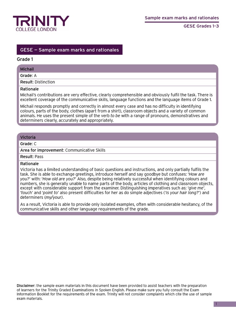 GESE - Sample Exam Marks and Rationales: Grade 1 | PDF | Question ...
