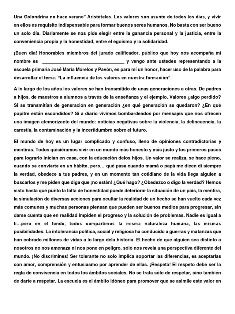 Discurso de Oratoria Los Valores | PDF | Tolerancia | Science