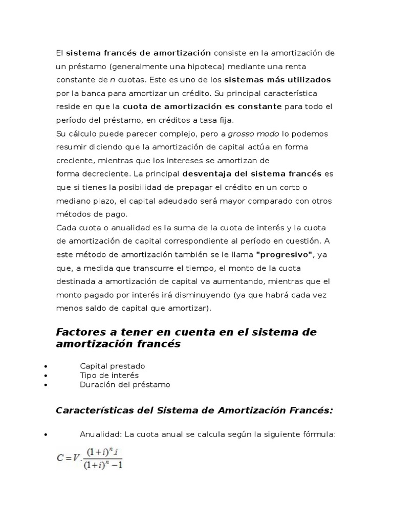El Sistema Francés de Amortización Consiste en La Amortización de Un Préstamo | PDF | Hipoteca ...