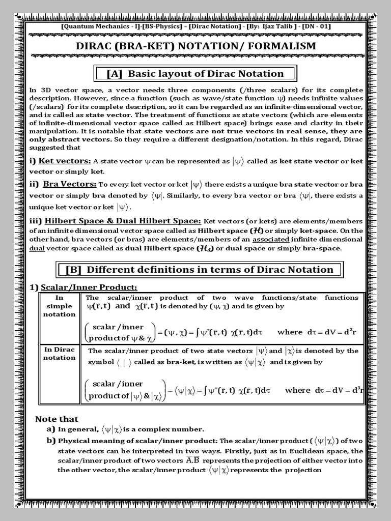 Dirac (Bra-Ket) Notation/ Formalism | PDF | Space | Geometry