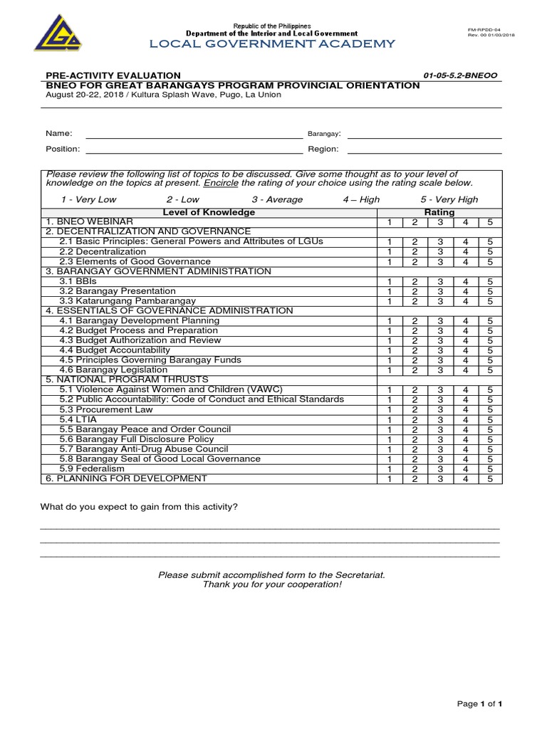 Local Government Academy: Bneo For Great Barangays Program Provincial ...