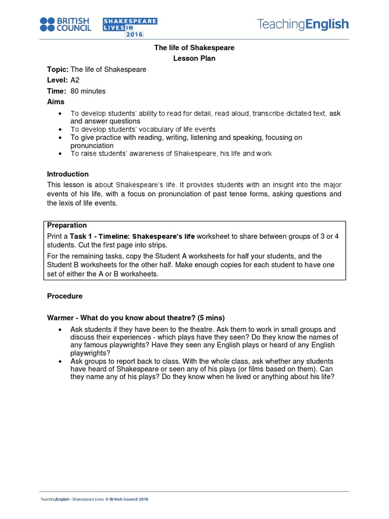 Shakespeare Life Lesson Plan A2 | PDF | Lesson Plan | Linguistic Typology