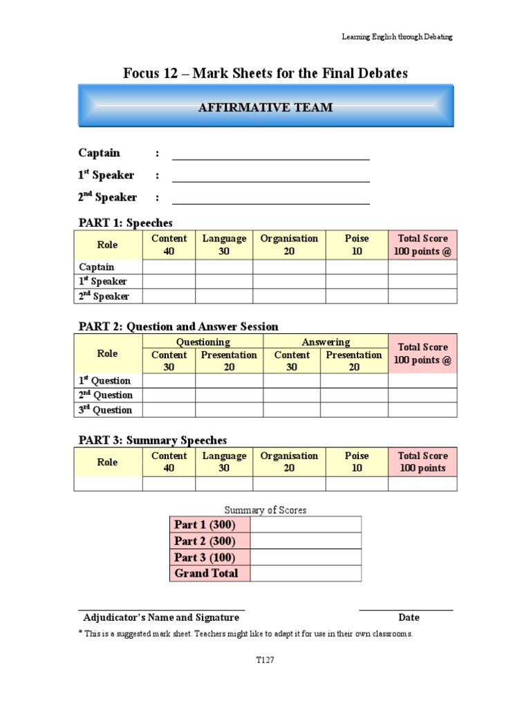Mark Sheets For The Final Debates | PDF | Question | Communication
