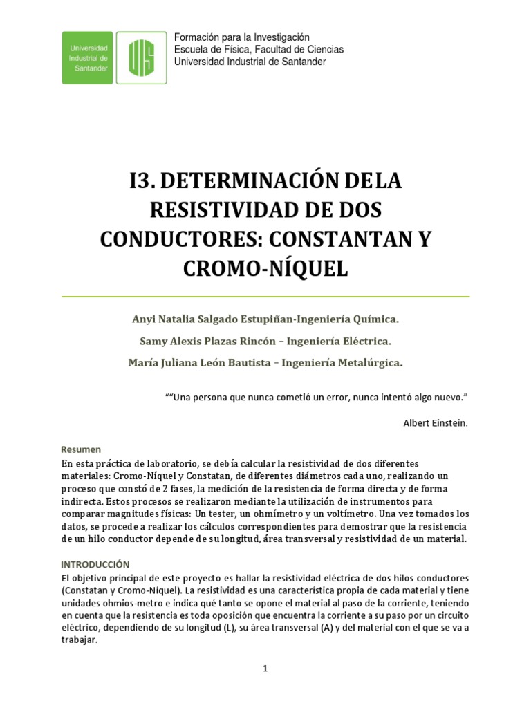 Informe I3 | PDF | Corriente eléctrica | Resistencia Eléctrica y Conductancia