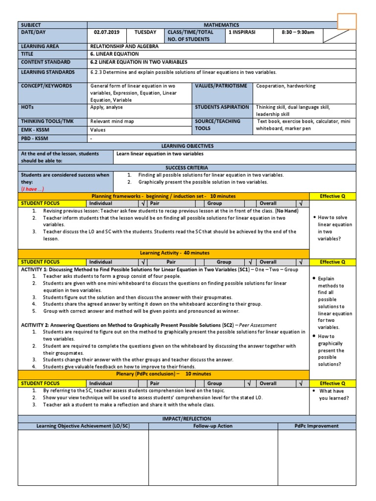 Lesson Plan For Linear Equation | Download Free PDF | Equations ...