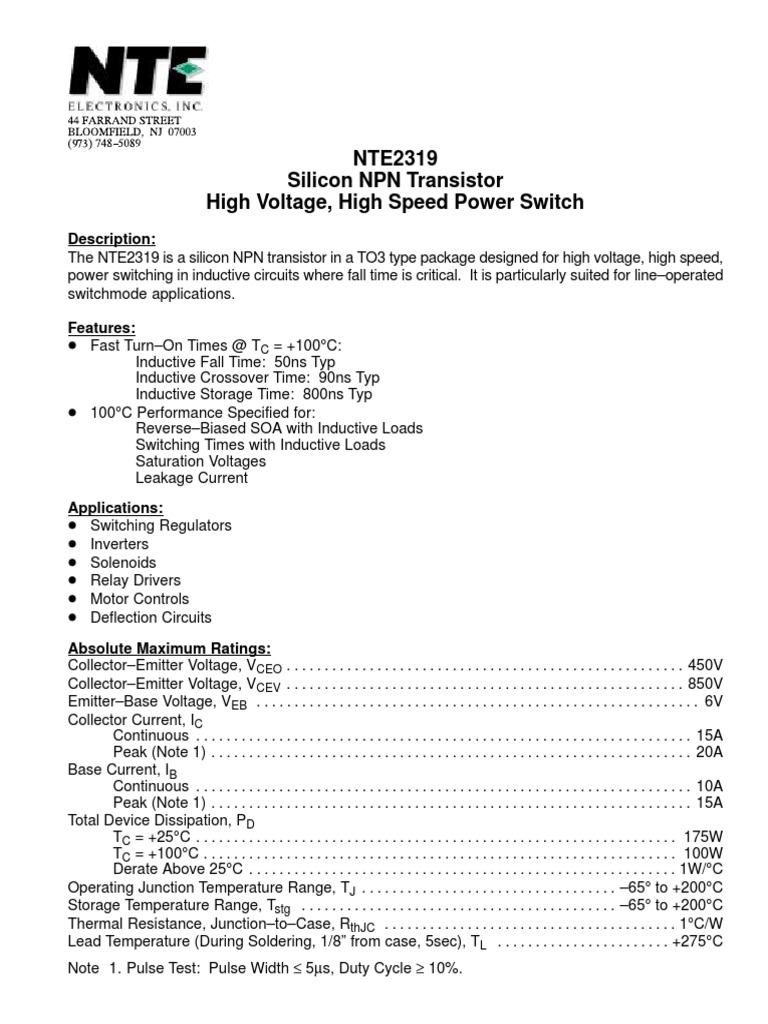 NTE2319 Silicon NPN Transistor High Voltage, High Speed Power Switch ...