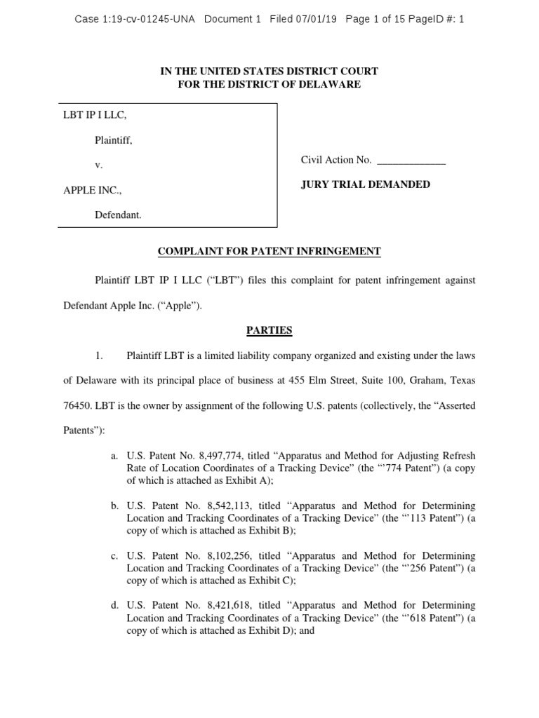 LBT IP I Patent Suit | PDF | Patent Infringement | Patent
