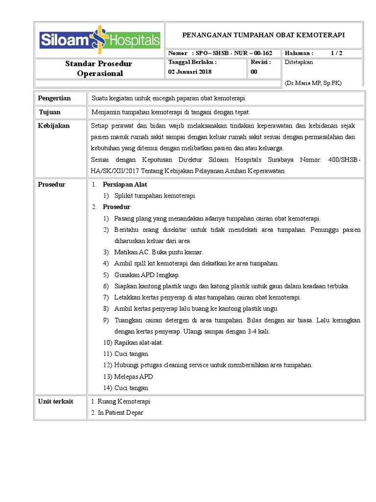 Spo - SHSB - Nur - 00-162 Penanganan Tumpahan Obat Kemoterapi | PDF