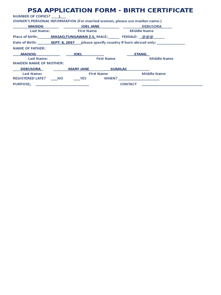 Psa Application Form - Birth Certificate | PDF
