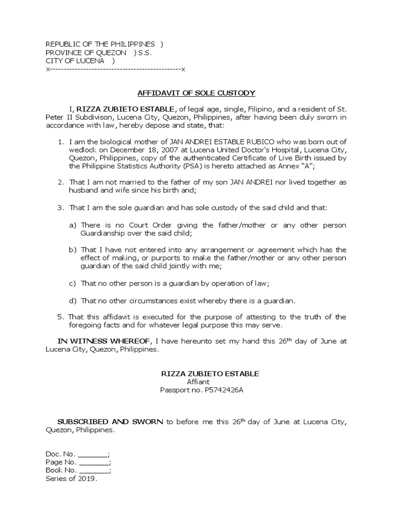 Affidavit of Sole Custody | PDF