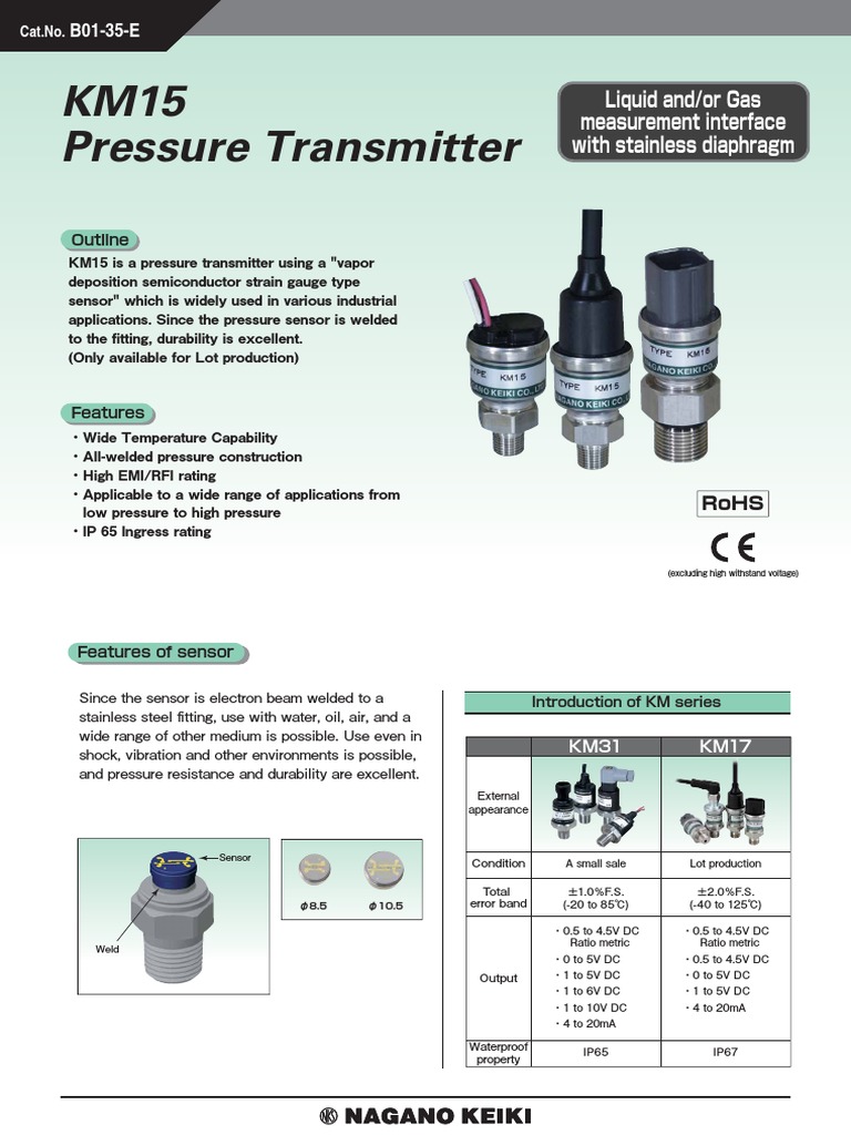 KM15 Pressure Transmitter: Liquid And/or Gas Measurement Interface With Stainless Diaphragm ...