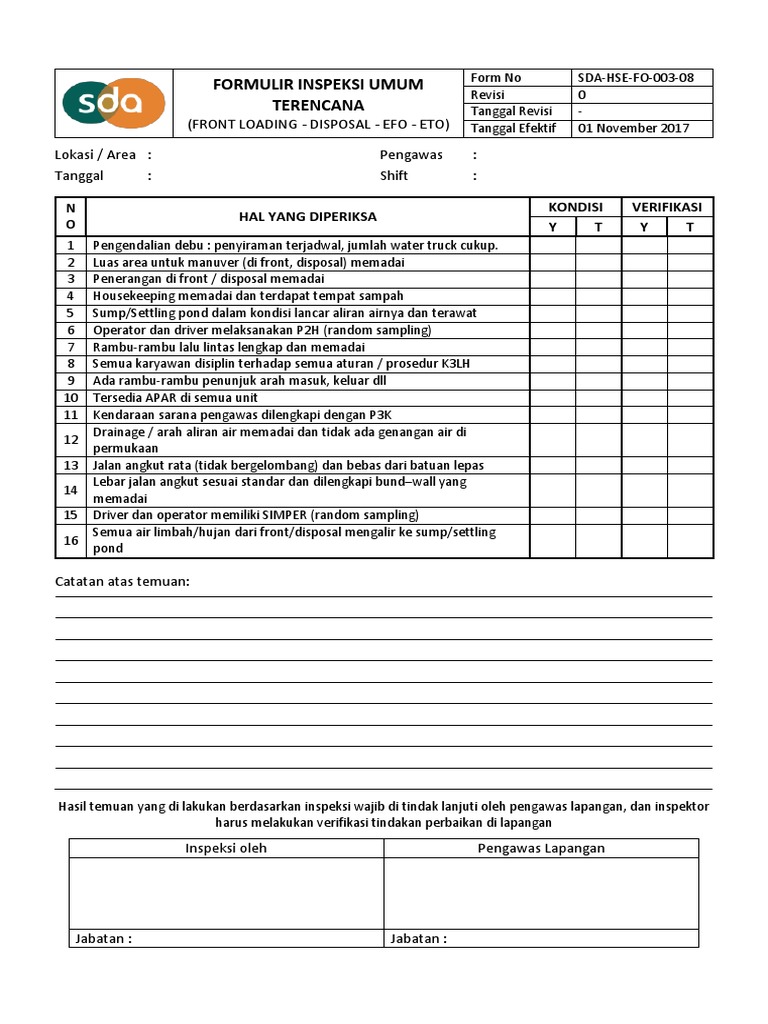 Form Inspeksi Tambang (Area Front Disposal EFO ETO) - Rev 0.0 | PDF Form Inspeksi Tambang (Area Front Disposal EFO ETO) - Rev 0.0 | PDF