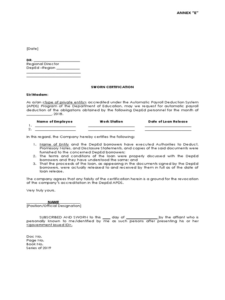 Annex E - Sample Sworn Certification | PDF