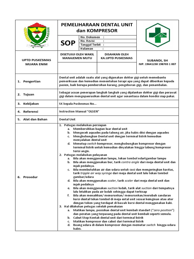 Sop Pemeliharaan Dental Unit | PDF
